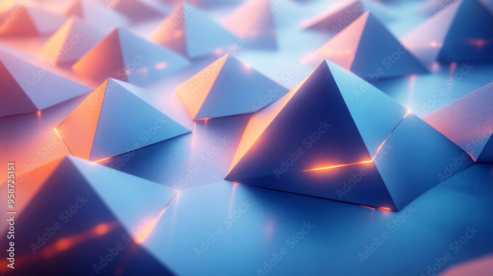 An abstract 3D cluster of pyramids with a soft matte finish, softly ...
