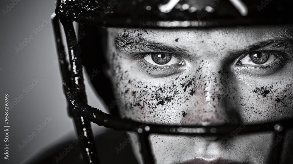 black and white close-up photo of a rugby player's intense gaze through ...