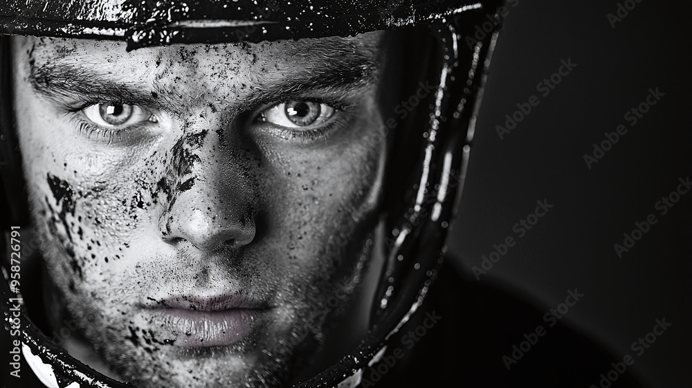 black and white close-up photo of a rugby player's intense gaze through ...
