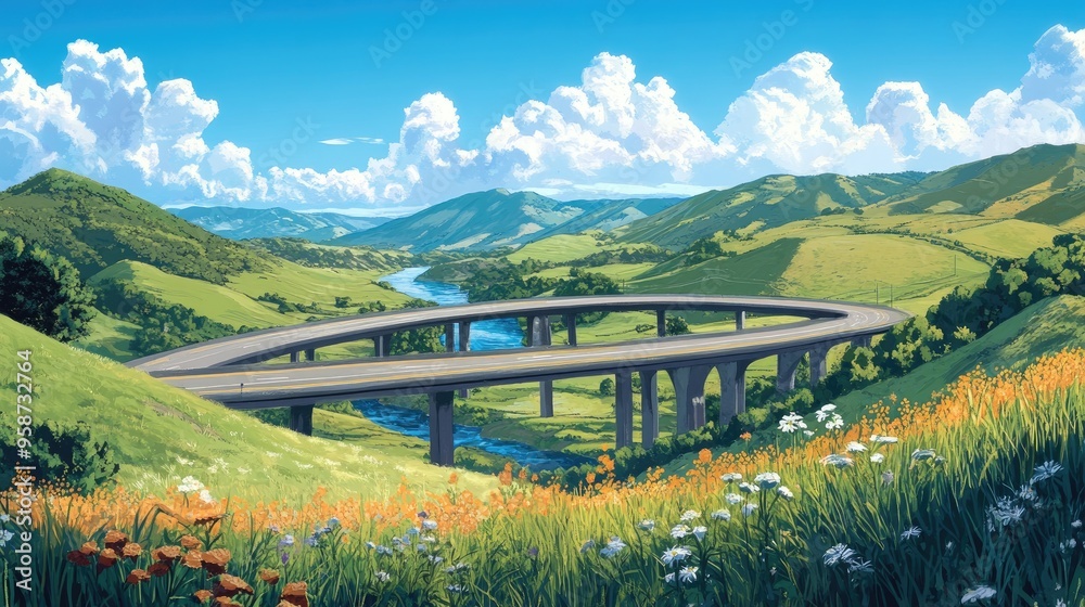 Road bridges at different levels, set against a realistic backdrop of ...