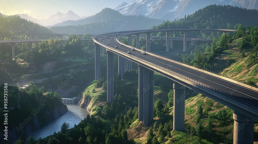 Stunning road bridges crossing each other at various levels, with a ...