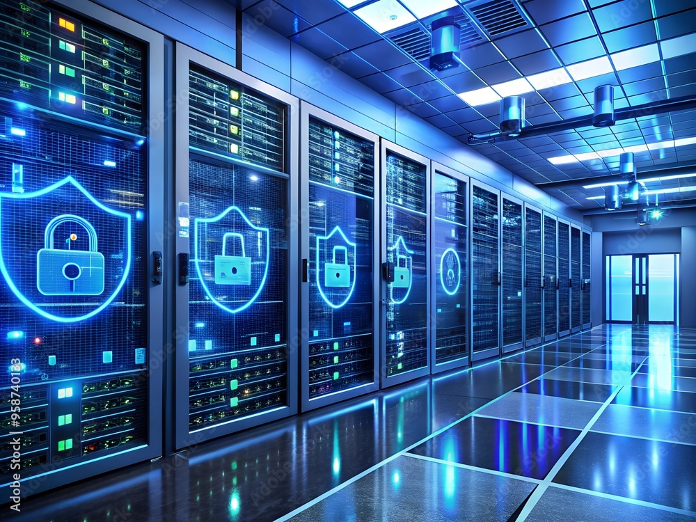 Design an image of a secure server room with multiple layers of ...