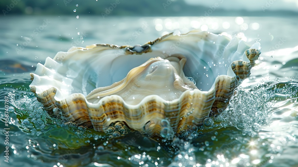 An open oyster shell floats on the surface of the water, creating a ...