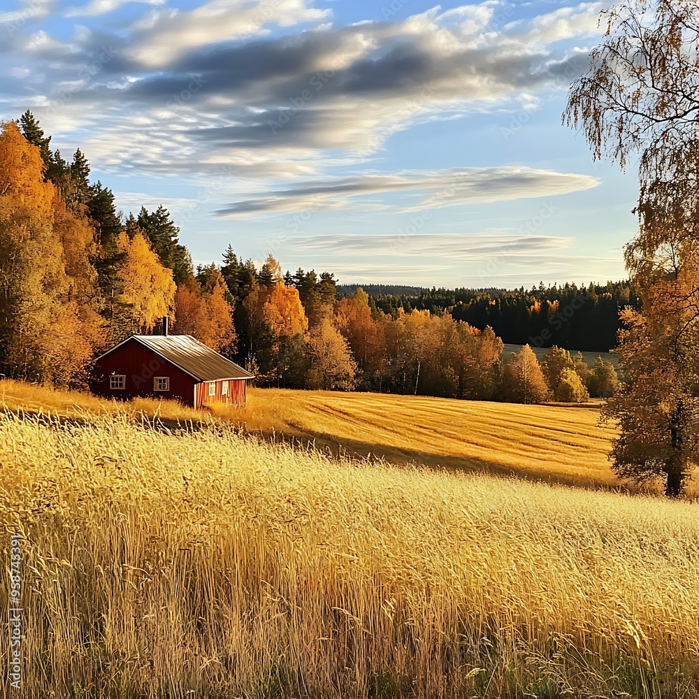 Autumnal countryside landscape with a rustic farmhouse nestled amidst ...