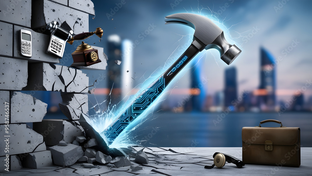 Market Disruption: A digital hammer breaking through a wall of ...