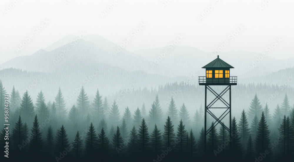 Digital illustration of a fire lookout tower with glowing windows ...