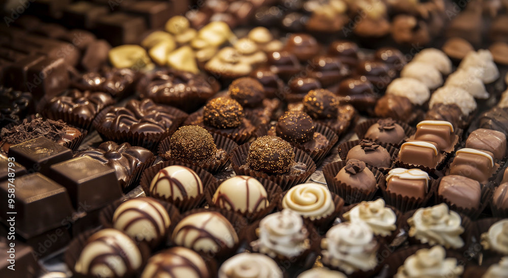 Foto de Um arranjo de vários chocolates em uma loja, exibindo ...