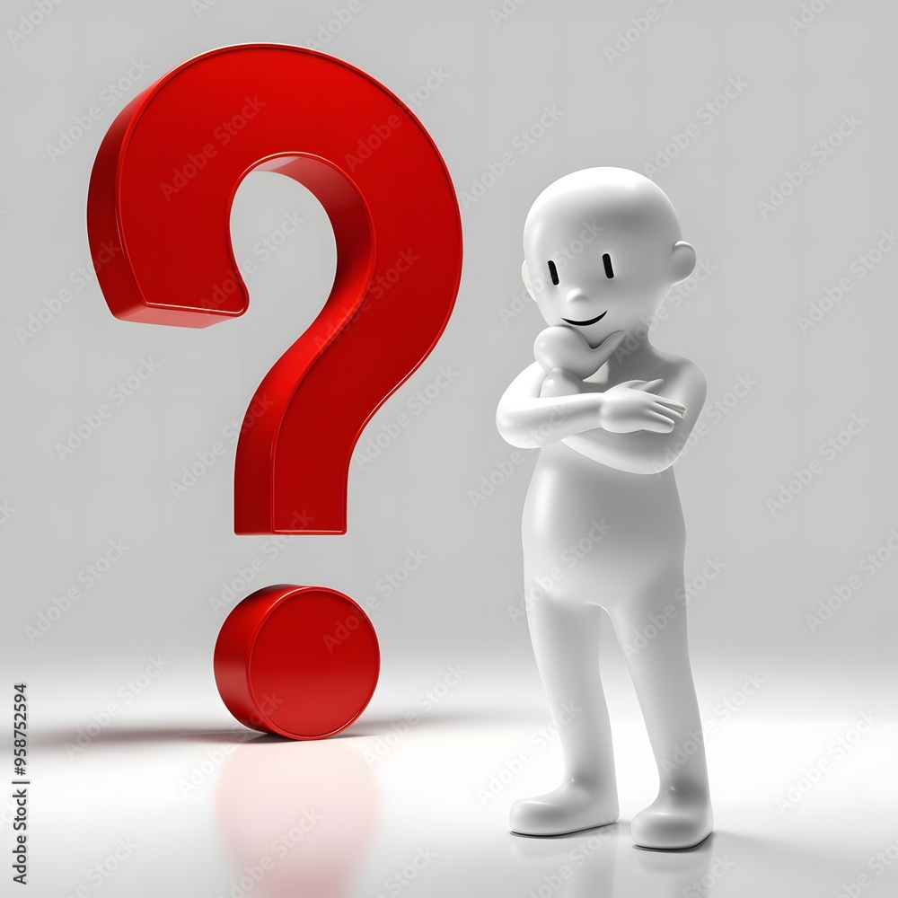 3D human with a red question mark, A 3D-rendered figure poses next to a ...