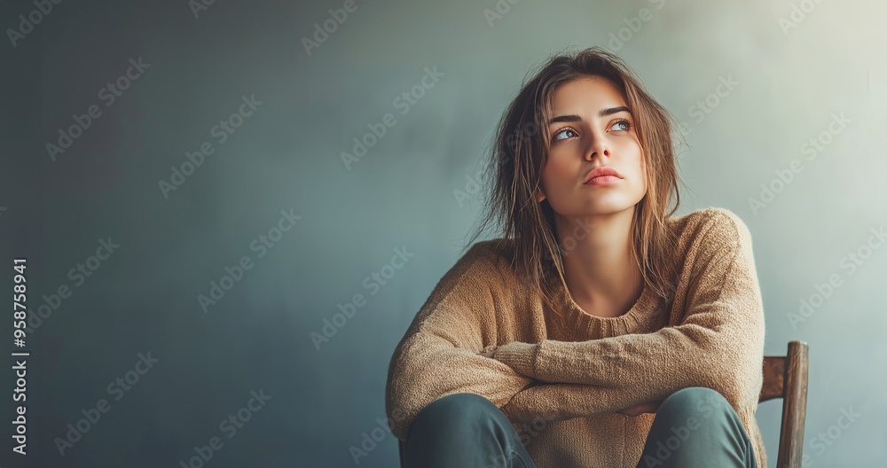 Woman sitting against a wall, gazing up with a sad expression ...