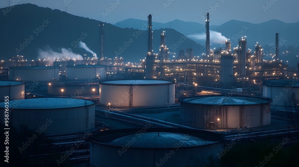 An expansive oil storage terminal with multiple tank farms, detailed ...
