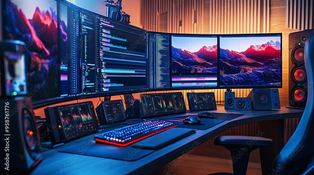 Professional editing station with multiple screens footage timelines ...