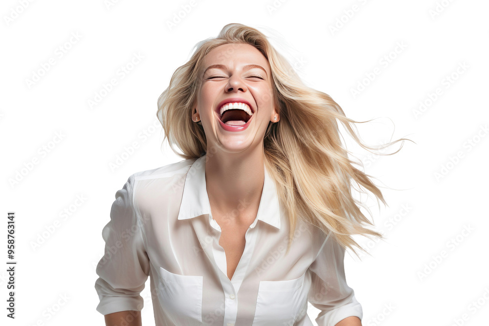 Smiling blond woman, perceived to be trendy and joyous, captured mid ...