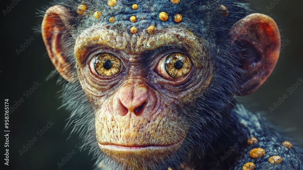A monkey displays visible symptoms of monkeypox, with distinct lesions ...