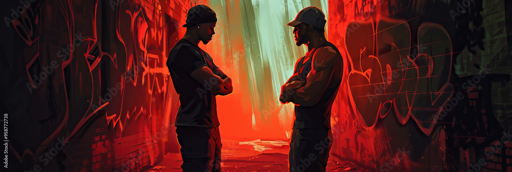 The Standoff in the Alley: Two rival gang members face off, arms ...