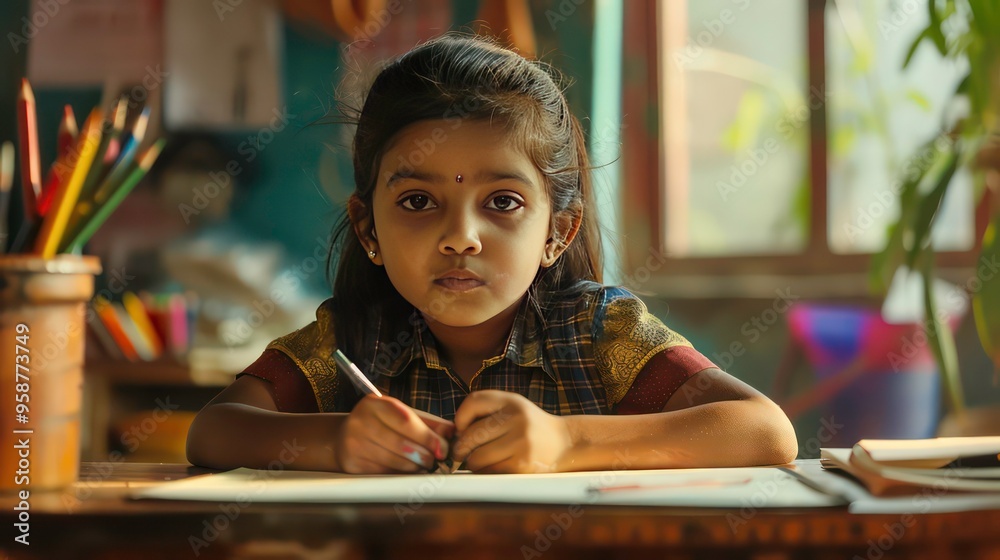 Young girl with a bindi on her forehead sits at a desk writing on a ...