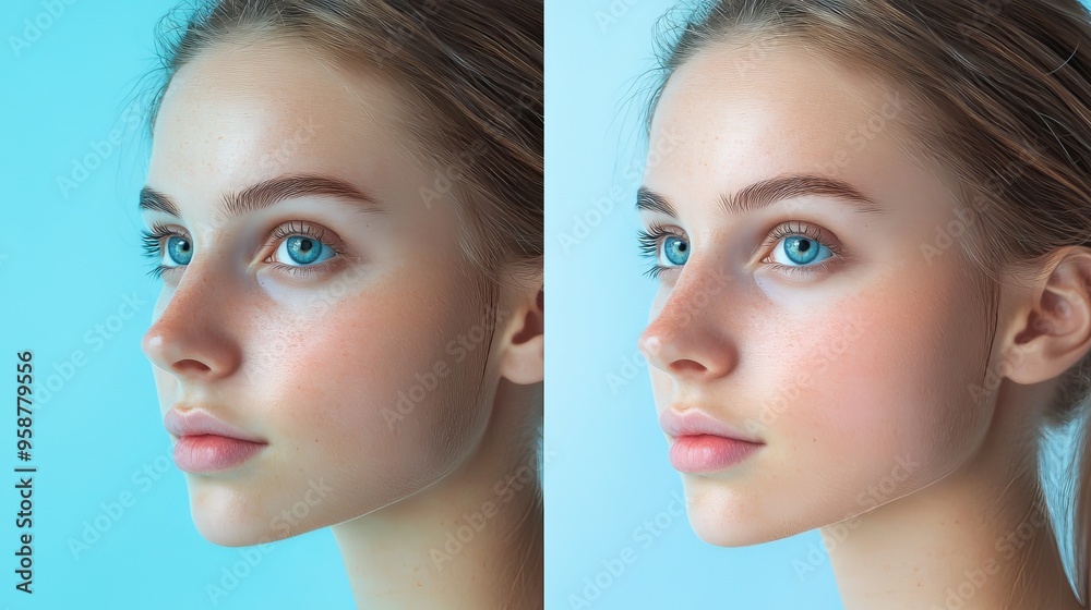 Compare a woman's face before and after retouching by side-by-side ...