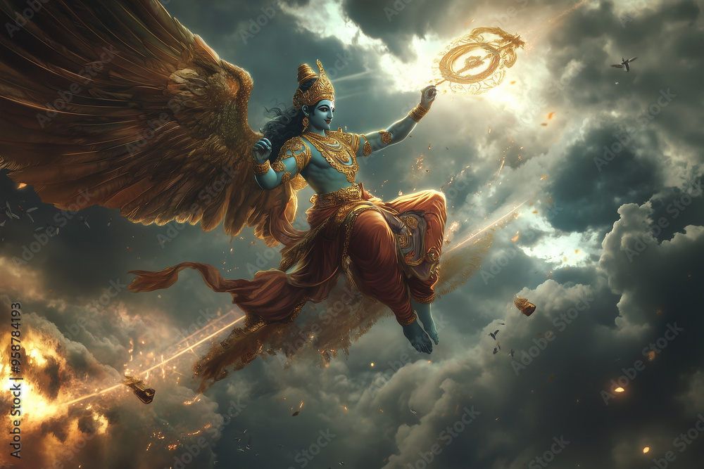 Lord Krishna riding his majestic Garuda, glowing with divine power ...