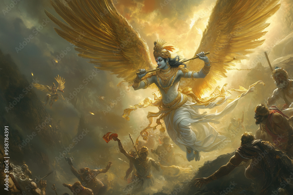 Lord Krishna's golden aura illuminating the battlefield, his eyes ...