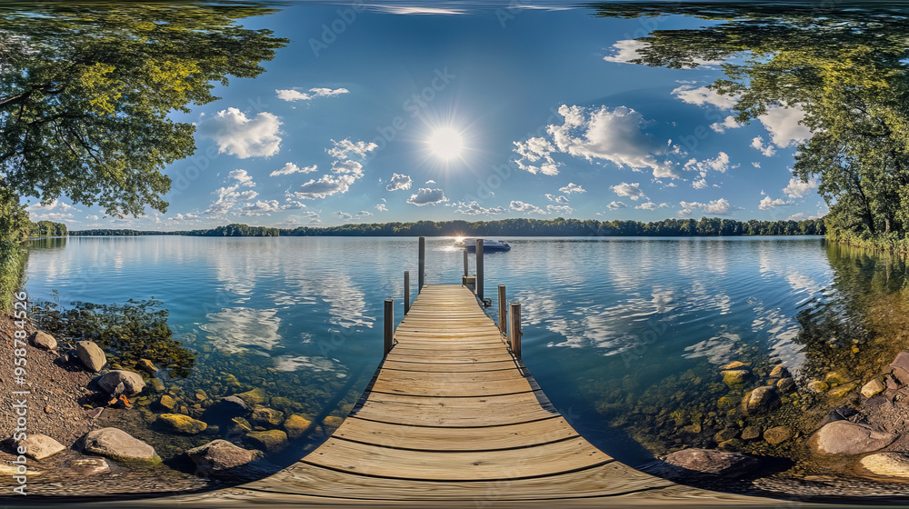 A beautiful, wide view of a boat dock on a sunny lake day. It's a ...