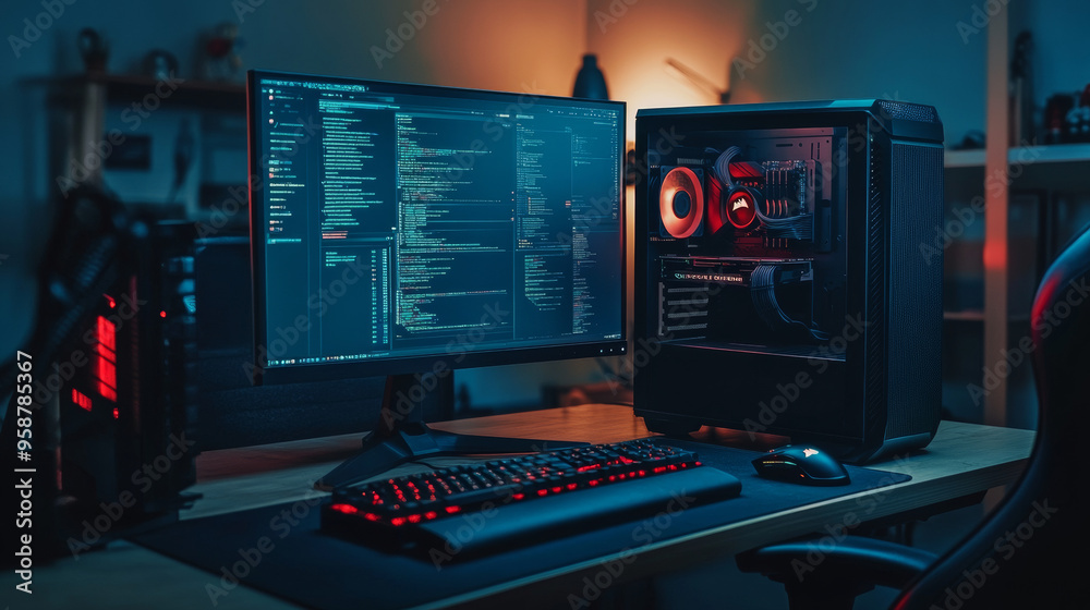 A sleek, powerful desktop computer sits in a dark room. Its gaming case ...