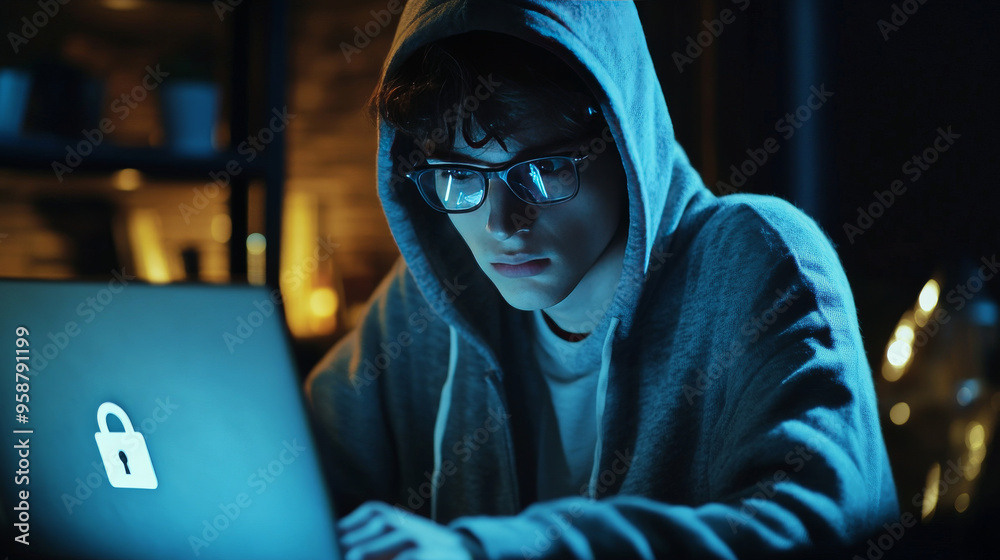 A young hacker, wearing a hoodie and glasses, sits in a dark room with ...