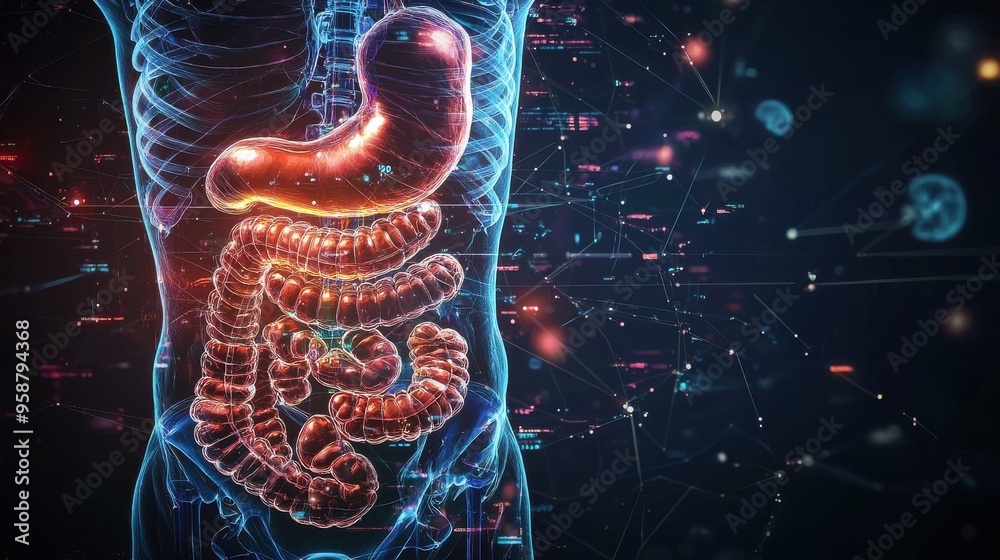 A detailed anatomical illustration of the human digestive system with ...