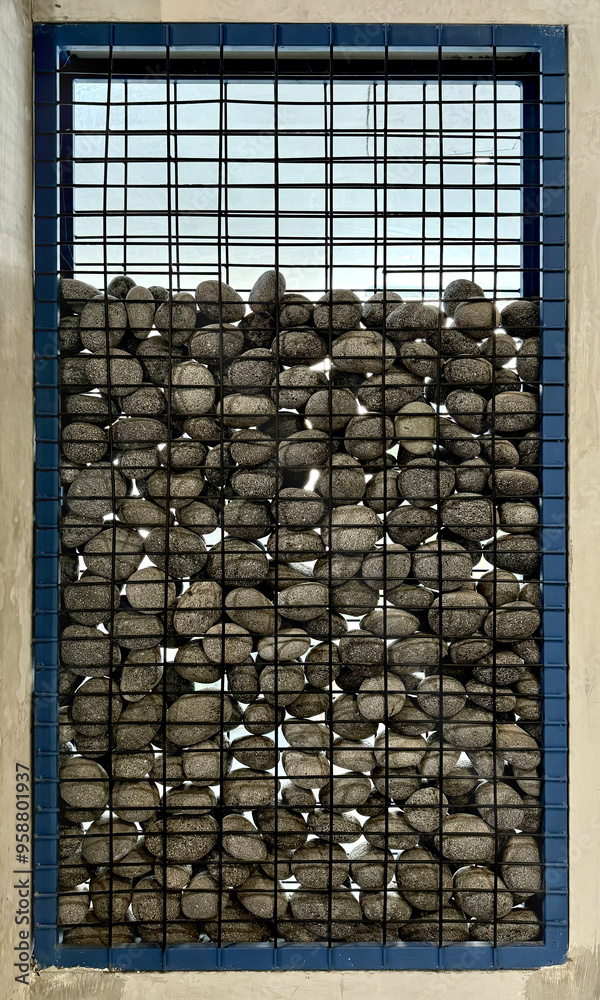 Close up photo of gabion wall, gabion is a series of riprap or rubbles ...