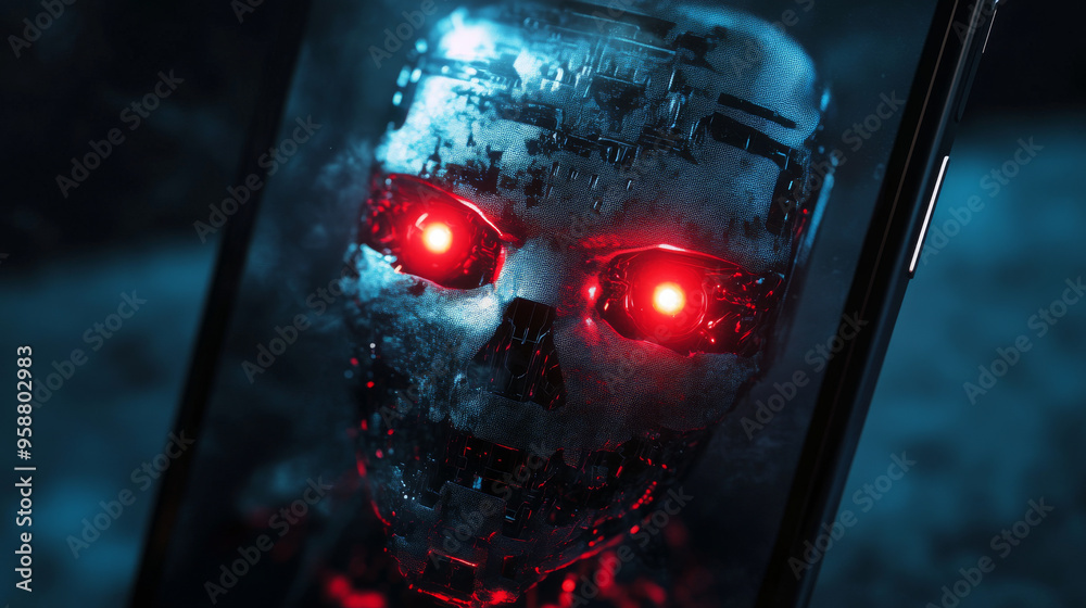 A phone screen shows a scary AI with glowing red eyes. The AI looks ...