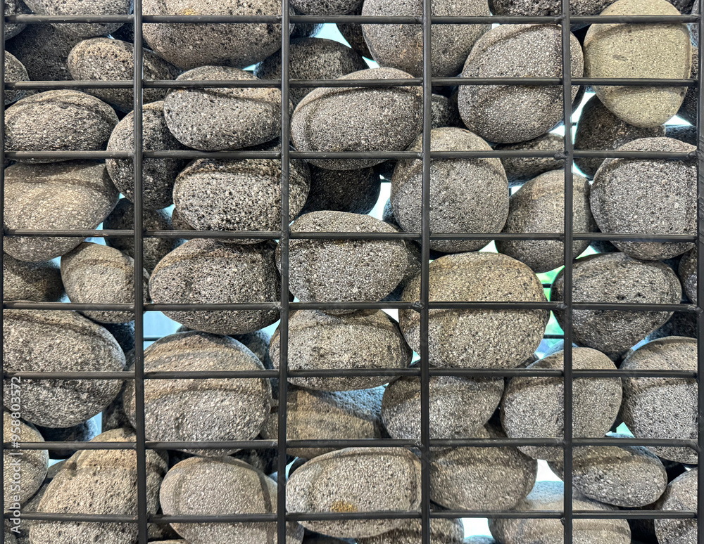 Close up photo of gabion wall, gabion is a series of riprap or rubbles ...