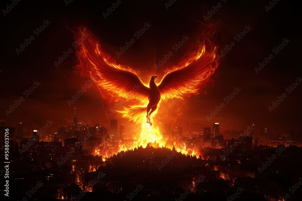 Fiery phoenix rising over a burning city, symbolizing rebirth, power ...