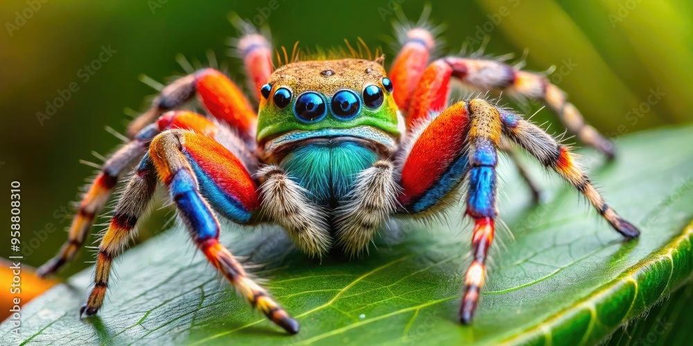 A colorful bird spider, also known as a peacock spider, displays ...