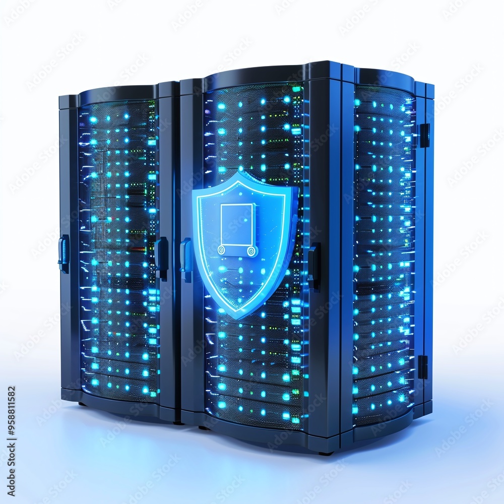 Modern data server racks with illuminated LED lights and a digital security shield icon ...
