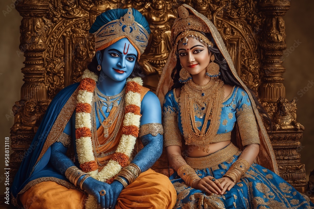 Prince Rama and Princess Sita in royal robes sit side by side on a ...