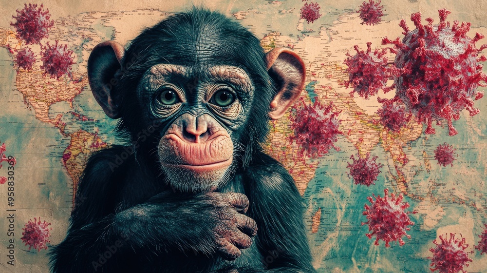 A monkey poses thoughtfully in front of a world map, which features ...