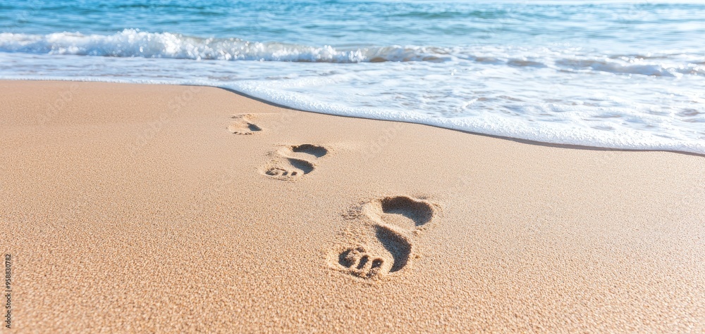 Fresh footprints in the sand leading to the ocean, symbolizing a new ...