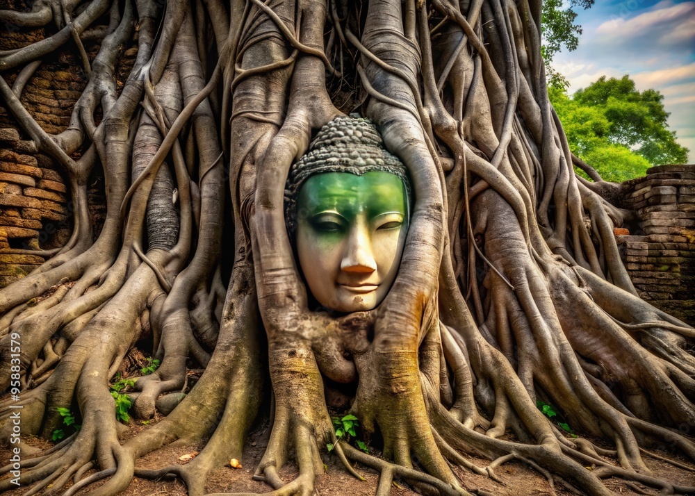 Ancient tree roots envelop a crumbling stone statue, symbolizing the ...