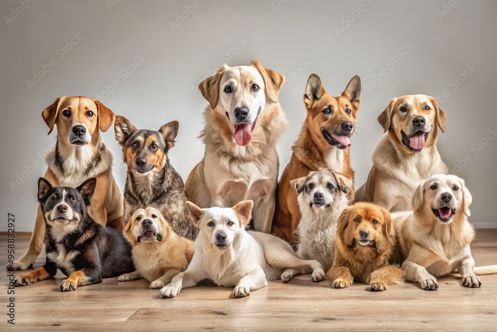 A playful assortment of dogs in various breeds, shapes, and sizes ...