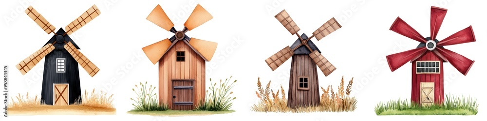 Four windmills of different sizes and colors are shown in a row Stock ...