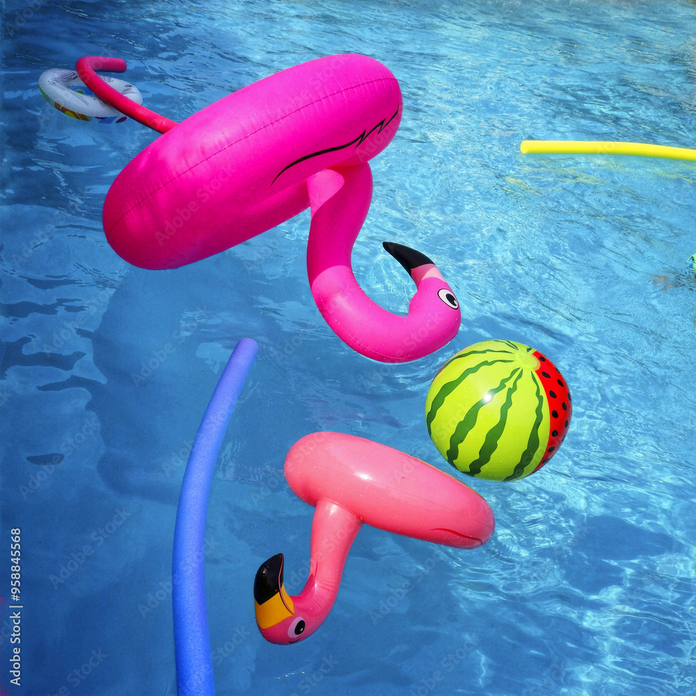 Colorful inflatable flamingos and balls floating in a sunny swimming ...