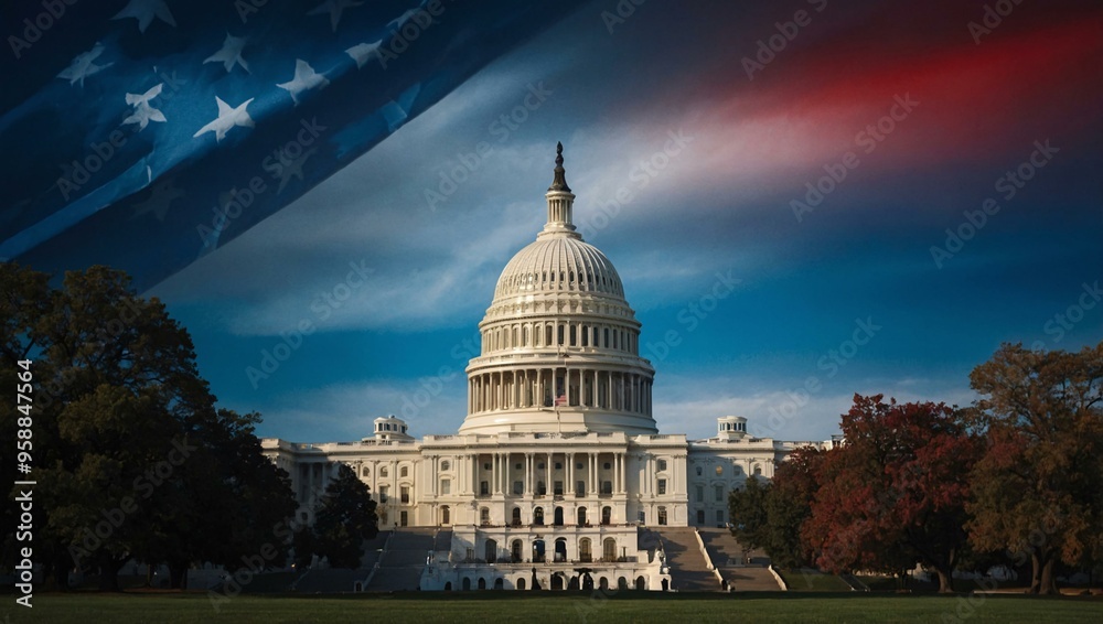 US Capitol building with its dome split into red and blue, representing ...
