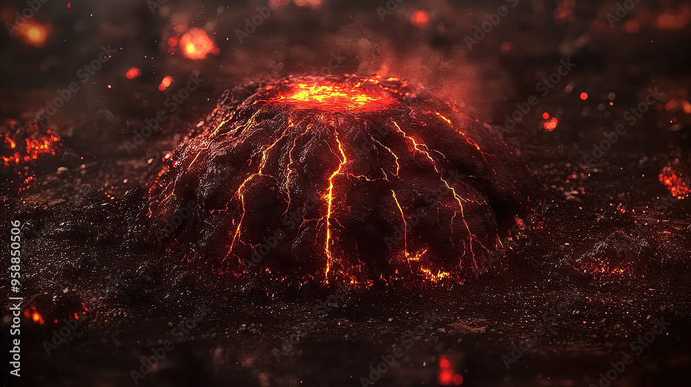 Fiery close-up of molten magma erupting from a rugged volcano ...