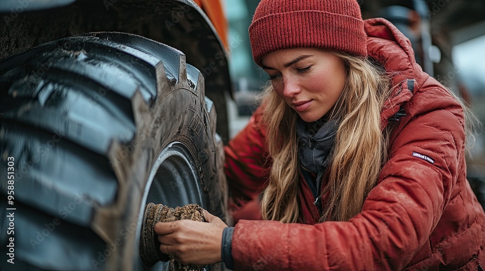 female farmer fixing a wheel on a tractor progressive farmer working on ...