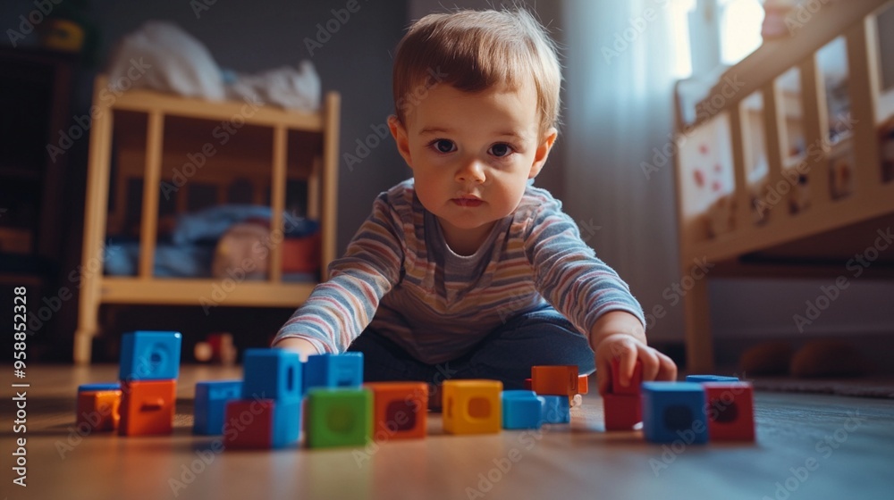Curious toddler explores colorful building blocks on floor of cozy ...