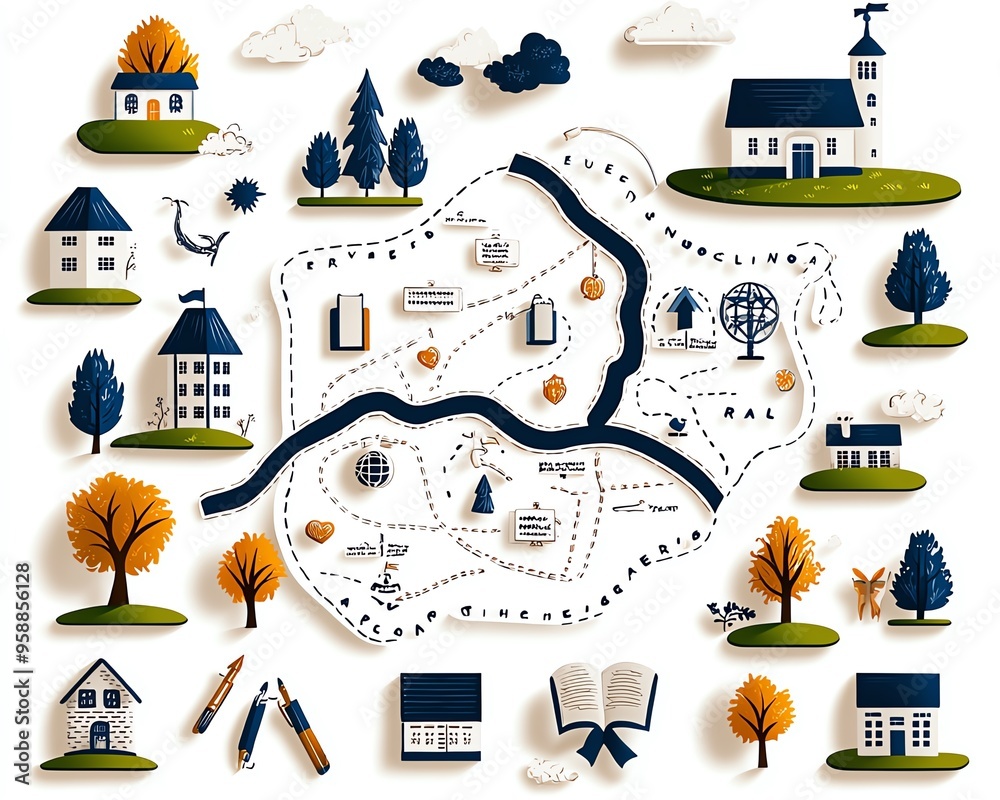 Colorful illustrated map featuring houses, trees, and landmarks ...