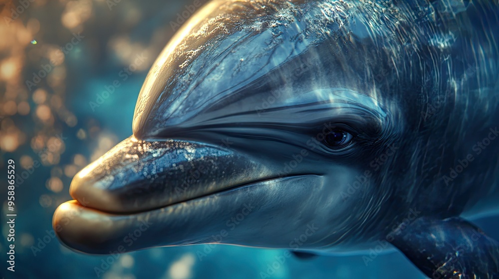 A close-up of a dolphin's eye and mouth, showing its friendly and ...
