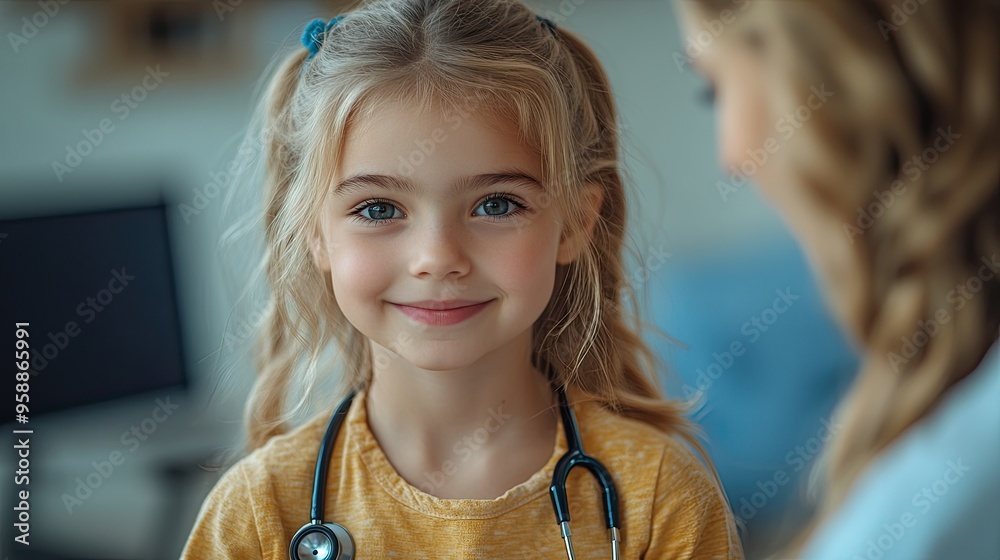 little girl listening to the doctor heart with stethoscope role ...