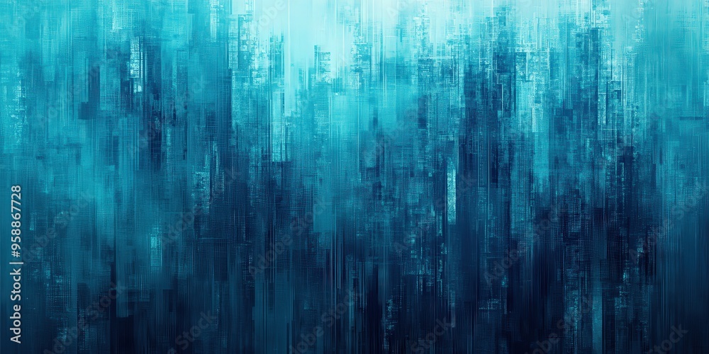 Digital glitch art with a blue and teal color scheme, featuring ...