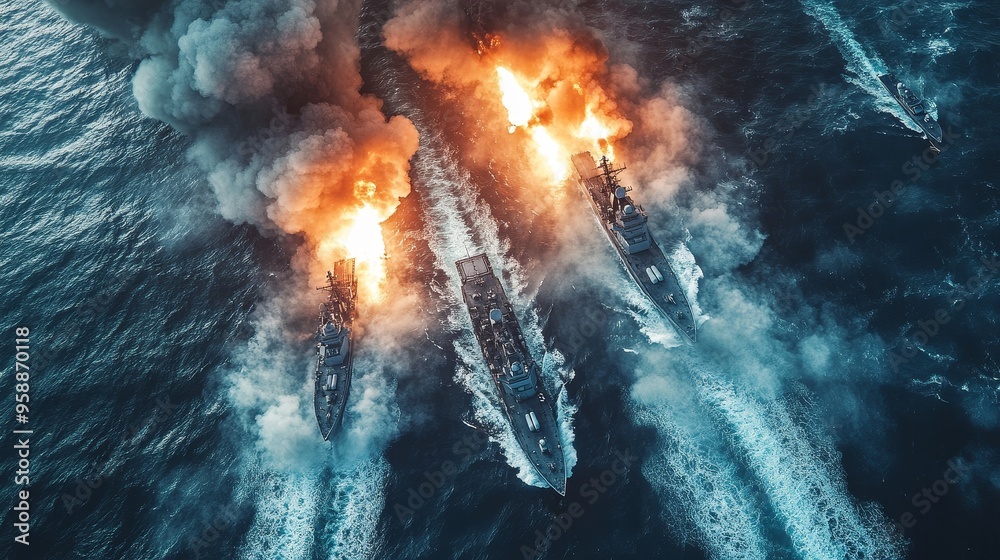 Naval Power: Three warships blaze with fiery intensity as they navigate ...