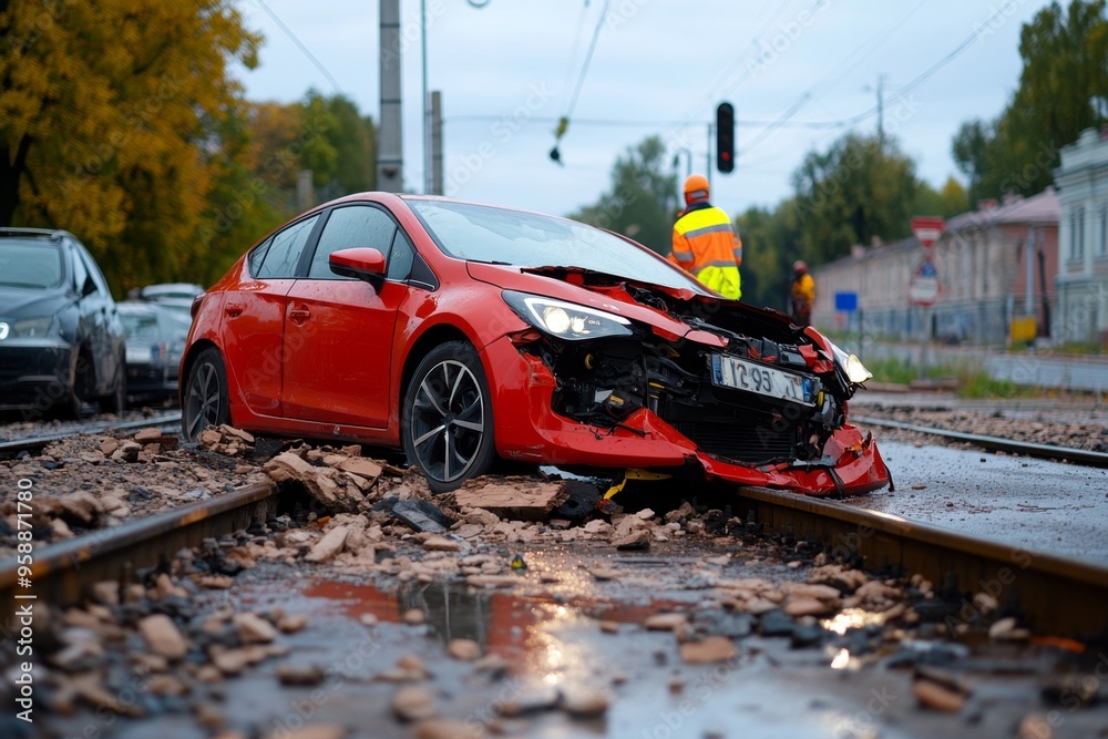Accident, at a railroad crossing, car stalled on the tracks leads to a ...