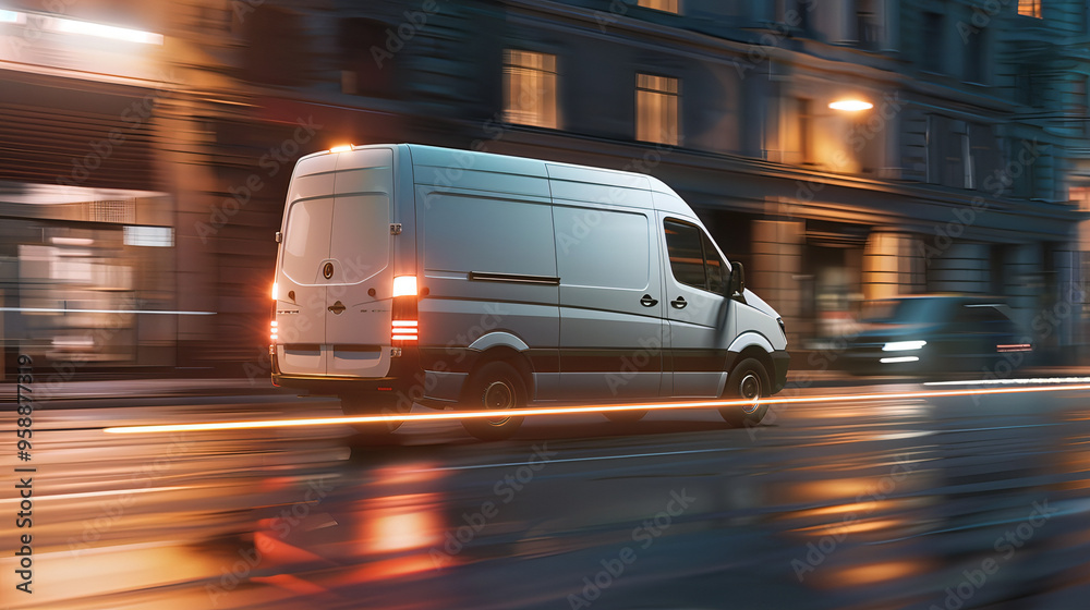 High-Speed Delivery Van in Motion on a City Street at Night – Blurred ...